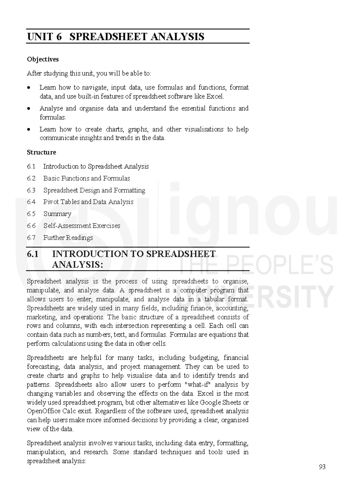 Unit-6 Business - Spreadsheet Analysis UNIT 6 SPREADSHEET ANALYSIS Objectives After studying ...