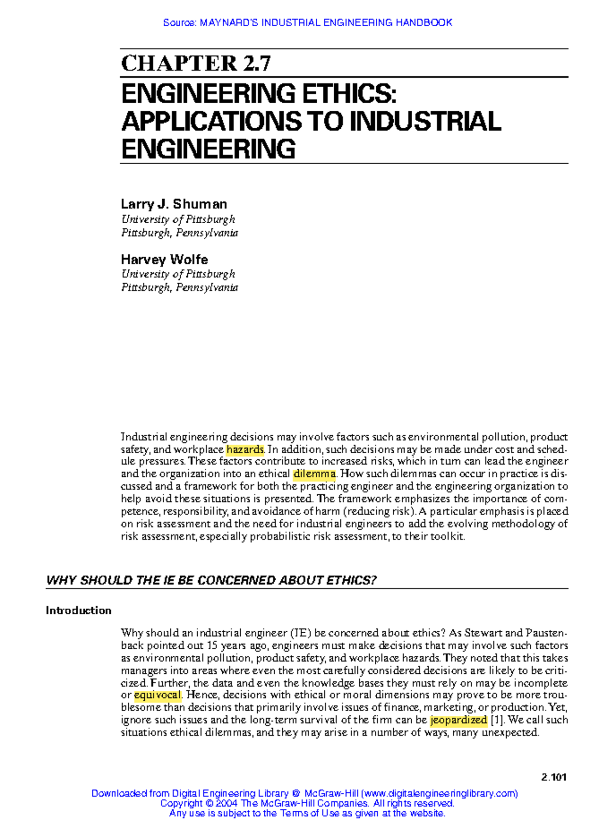 Engineering Ethics- IE - CHAPTER 2. ENGINEERING ETHICS: APPLICATIONS TO INDUSTRIAL ENGINEERING ...