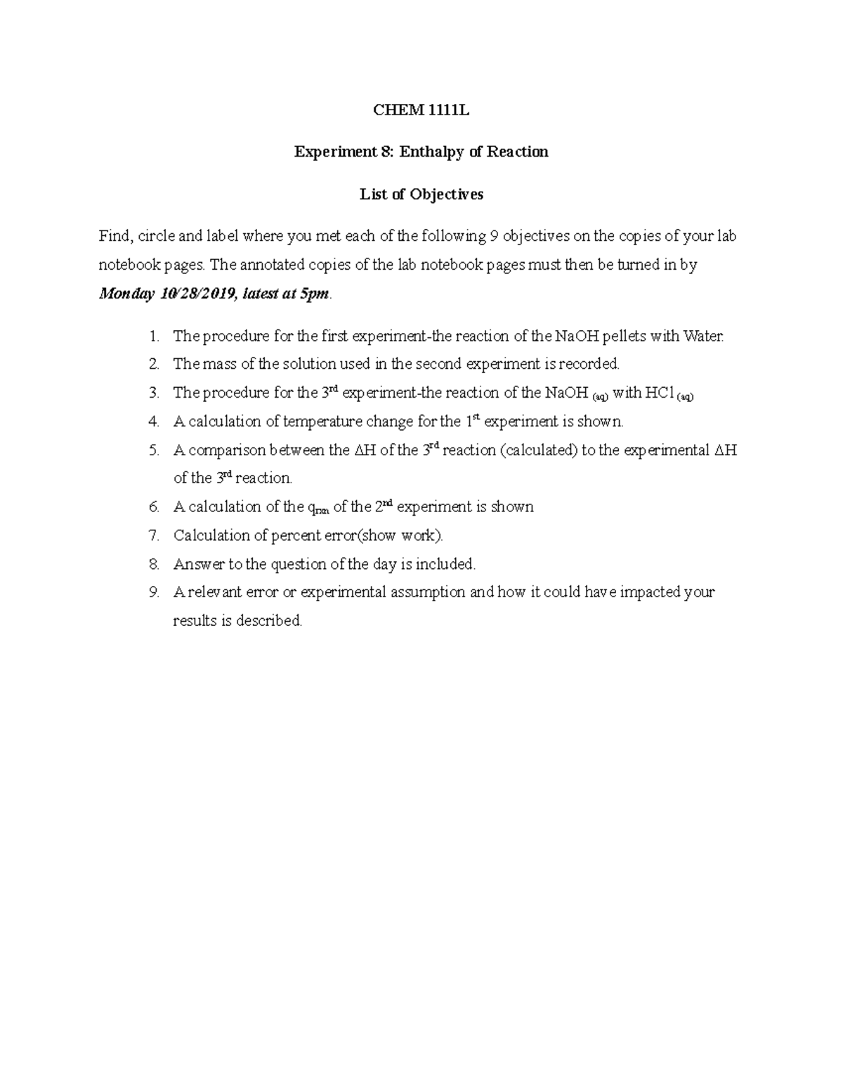 Experiment 8 Objectives-1 - CHEM 1111L Experiment 8: Enthalpy of ...