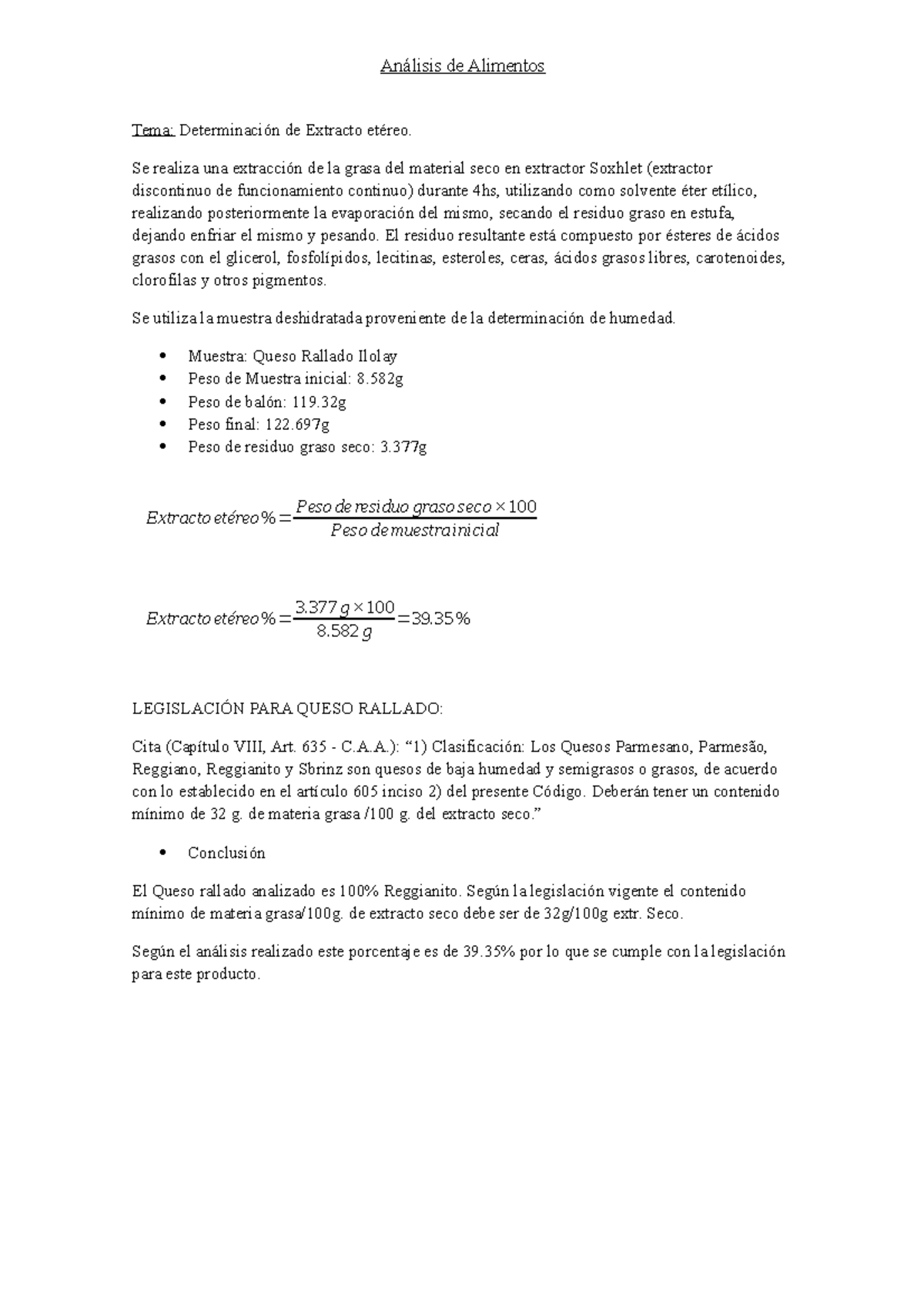 Determinación de Extracto Etéreo - de Alimentos Tema: de Extracto Se ...