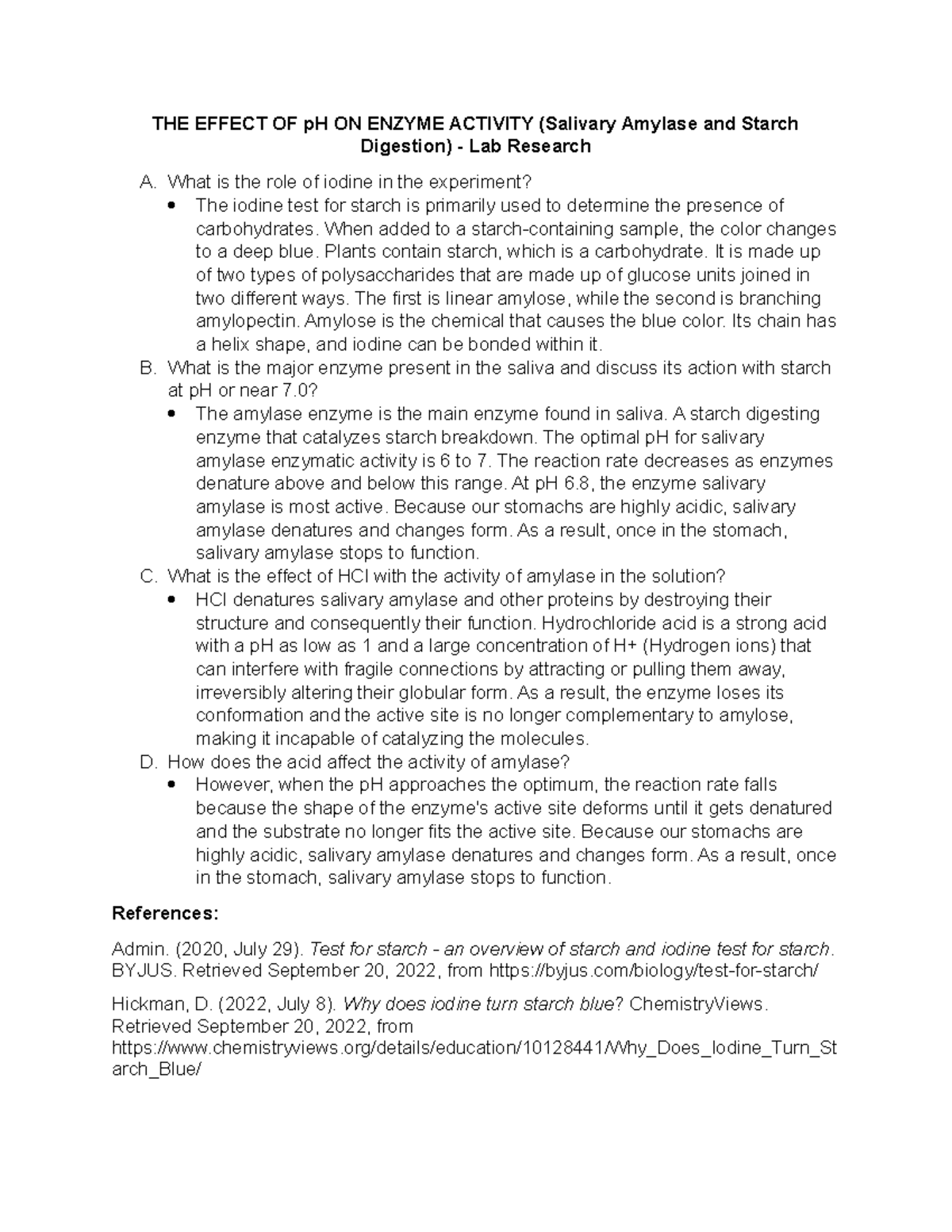 Enzymes - ANSWER - THE EFFECT OF pH ON ENZYME ACTIVITY (Salivary ...