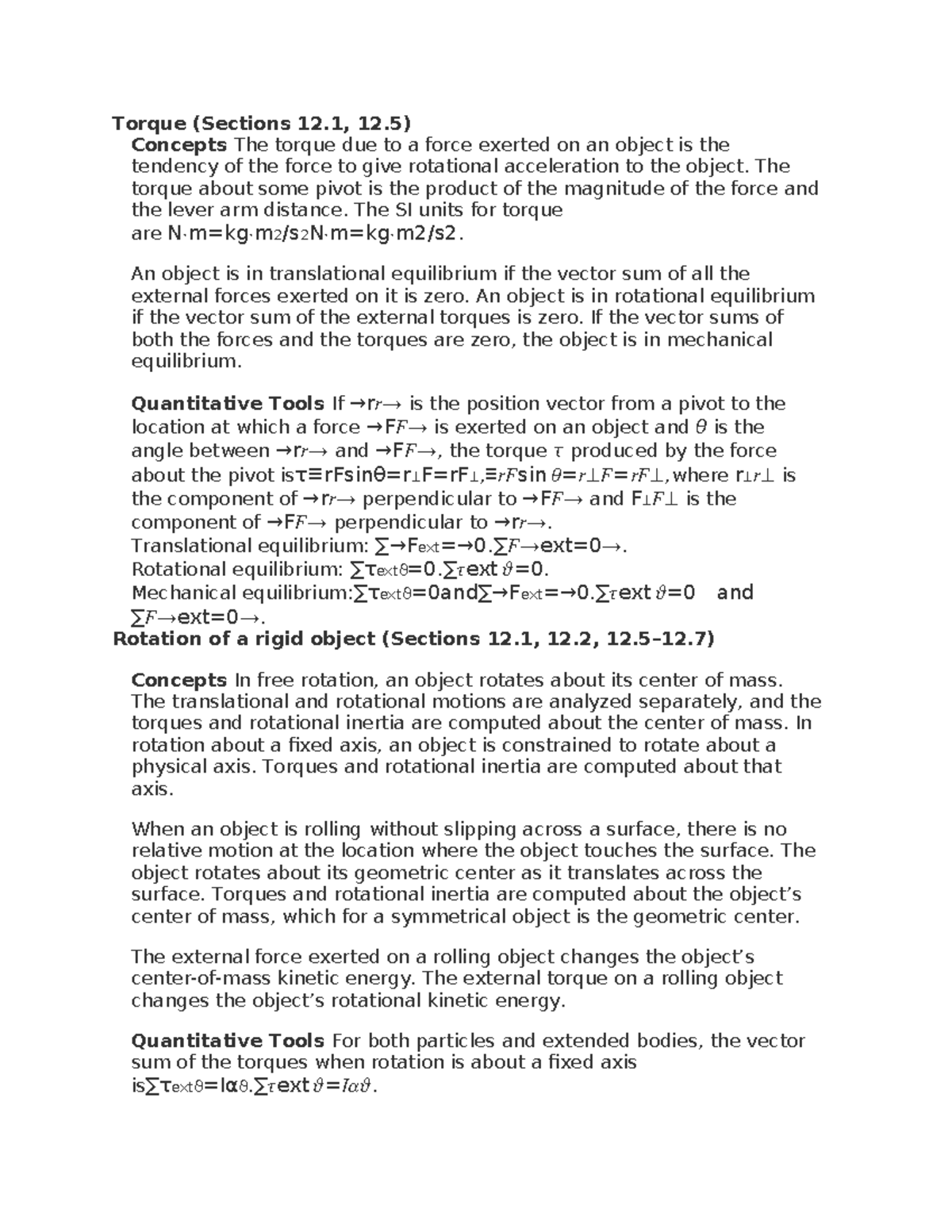 Notes - Summaries of Chapters 12, 13 and 18 of mazur - Torque (Sections ...