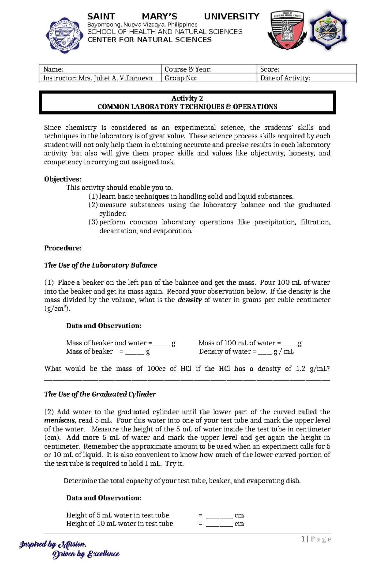 Lab 2 Common Laboratory Techniques Operations NO ANS - SAINT MARY’S UNIVERSITY Bayombong, Nueva ...