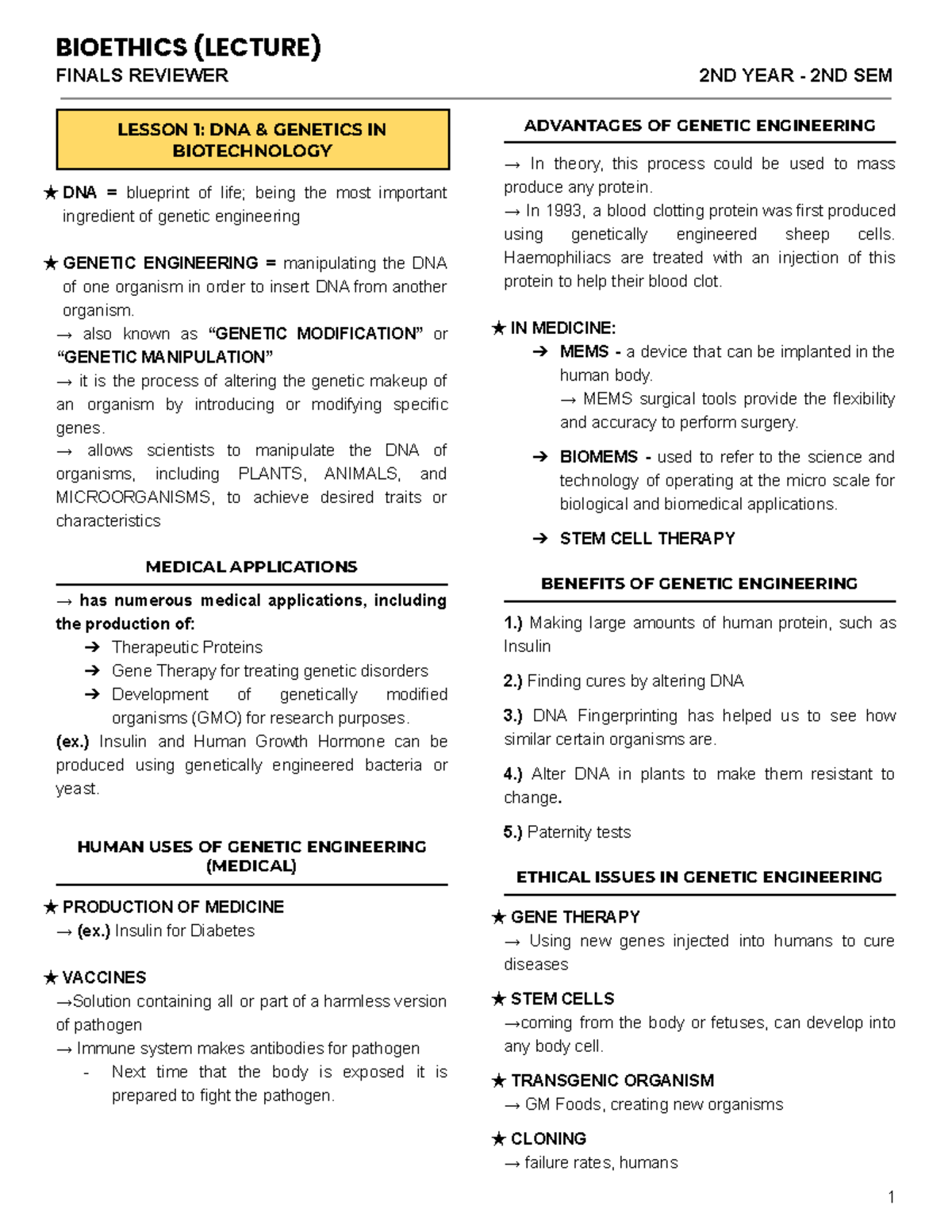 Bioethics - Finals - FINALS REVIEWER 2ND YEAR - 2ND SEM LESSON 1: DNA ...