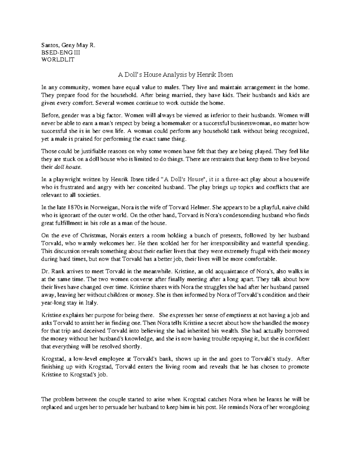 A-Dolls-House-Analysis - Santos, Geny May R. BSED-ENG III WORLDLIT A ...