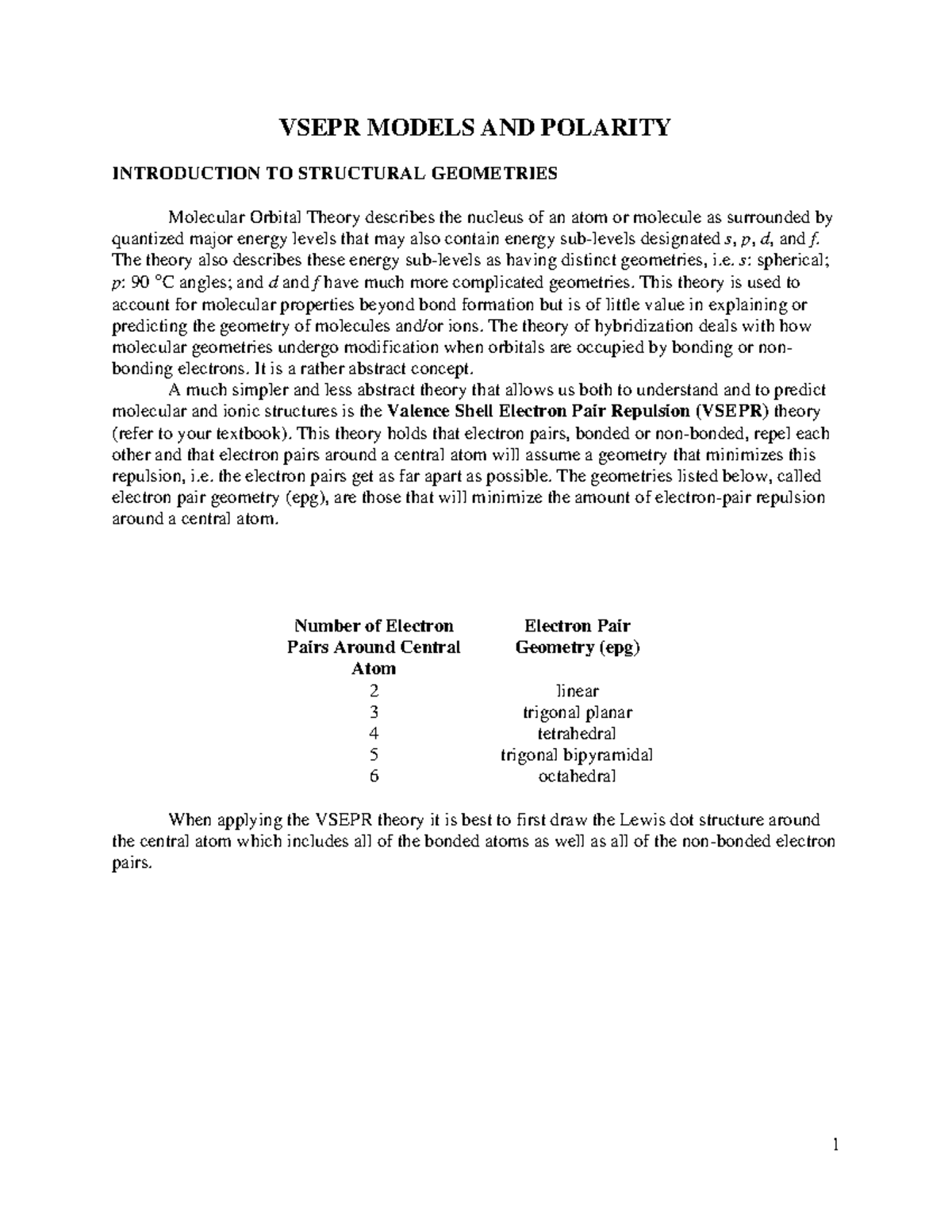 06 Vsepr and Polarity - VSEPR MODELS AND POLARITY INTRODUCTION TO ...