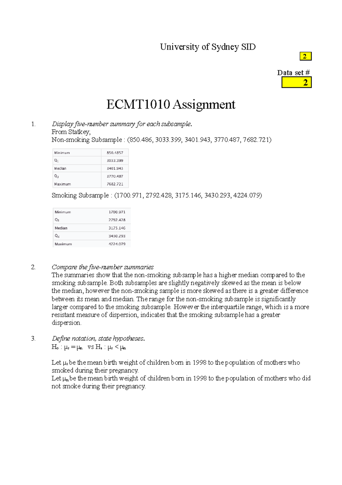 ECMT - Distinction (D) ECMT1010 Introduction to Statistics mid semester assignment - University ...