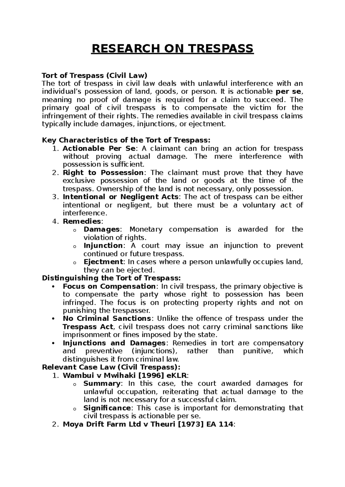 Research on trespass - RESEARCH ON TRESPASS Tort of Trespass (Civil Law ...