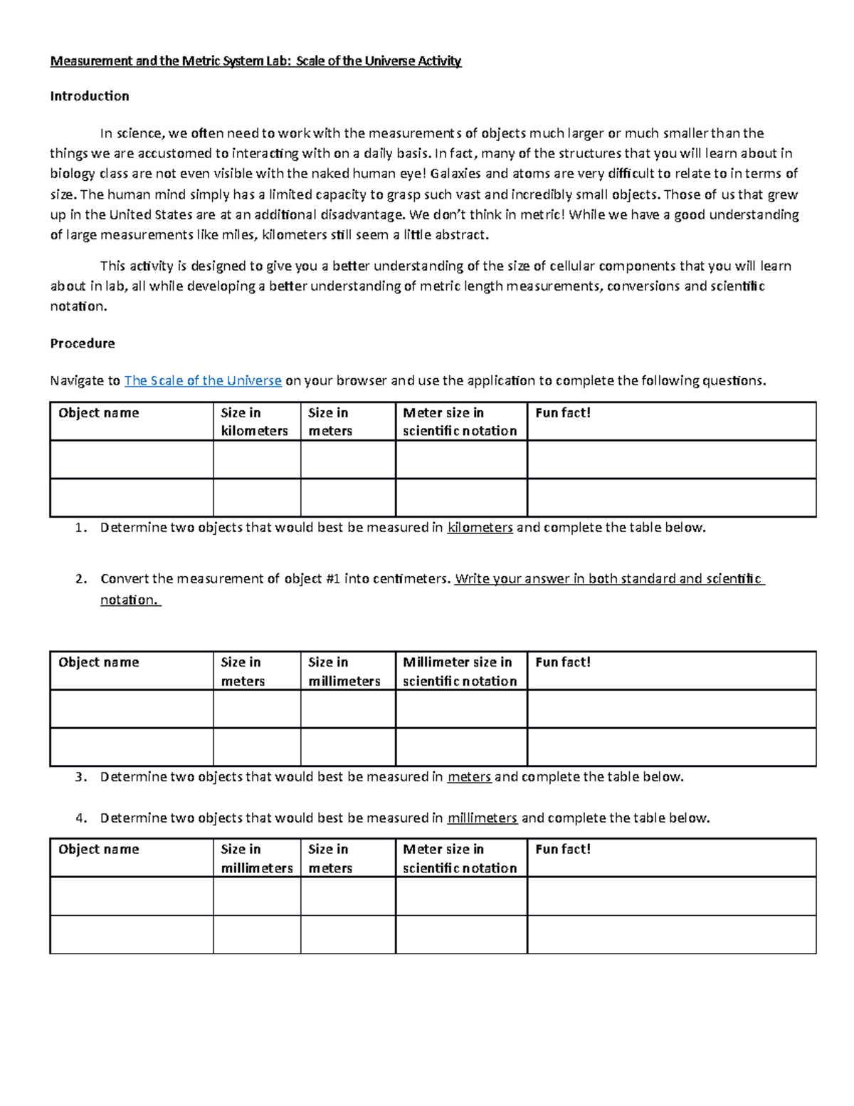 Scale of the universe activity - Measurement and the Metric System Lab ...