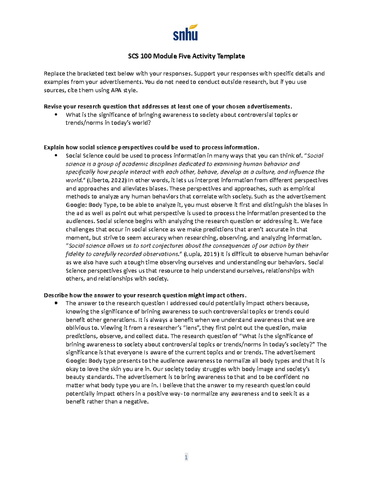 SCS 100 Module Five Activity - Support your responses with specific ...