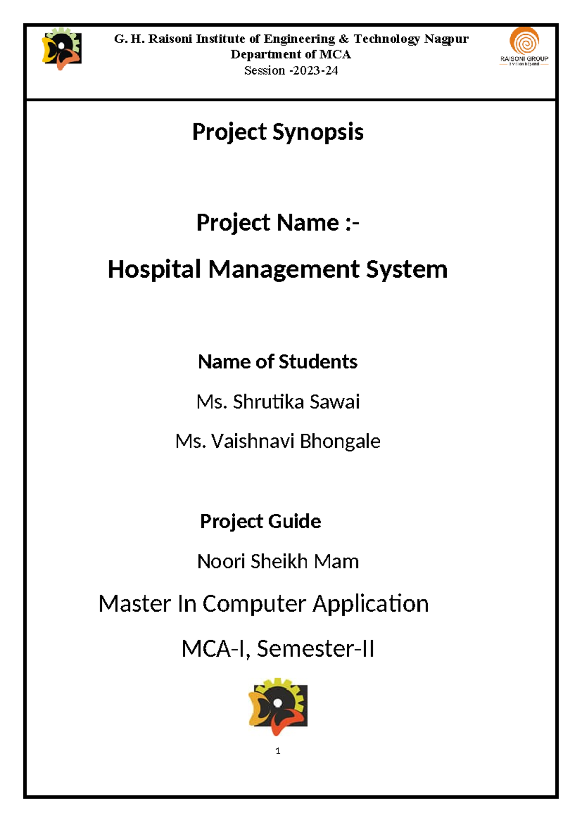 Synopsis 1 - ####### Department of MCA ####### Session -2023- Project Synopsis Project Name ...