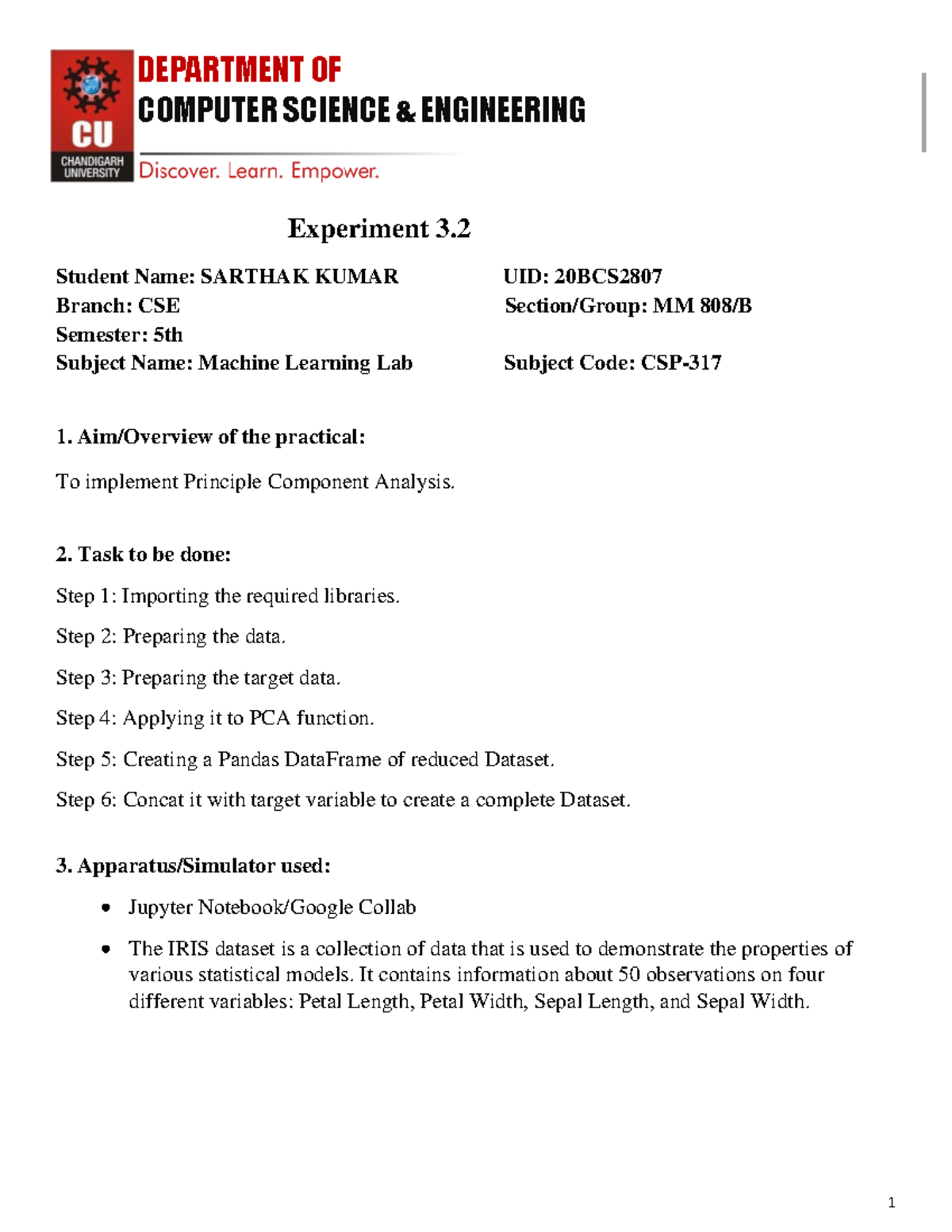 ML 3.2 Sarthak - worksheet 1.8 - DEPARTMENT OF COMPUTER SCIENCE & ENGINEERING 1 Experiment 3 ...