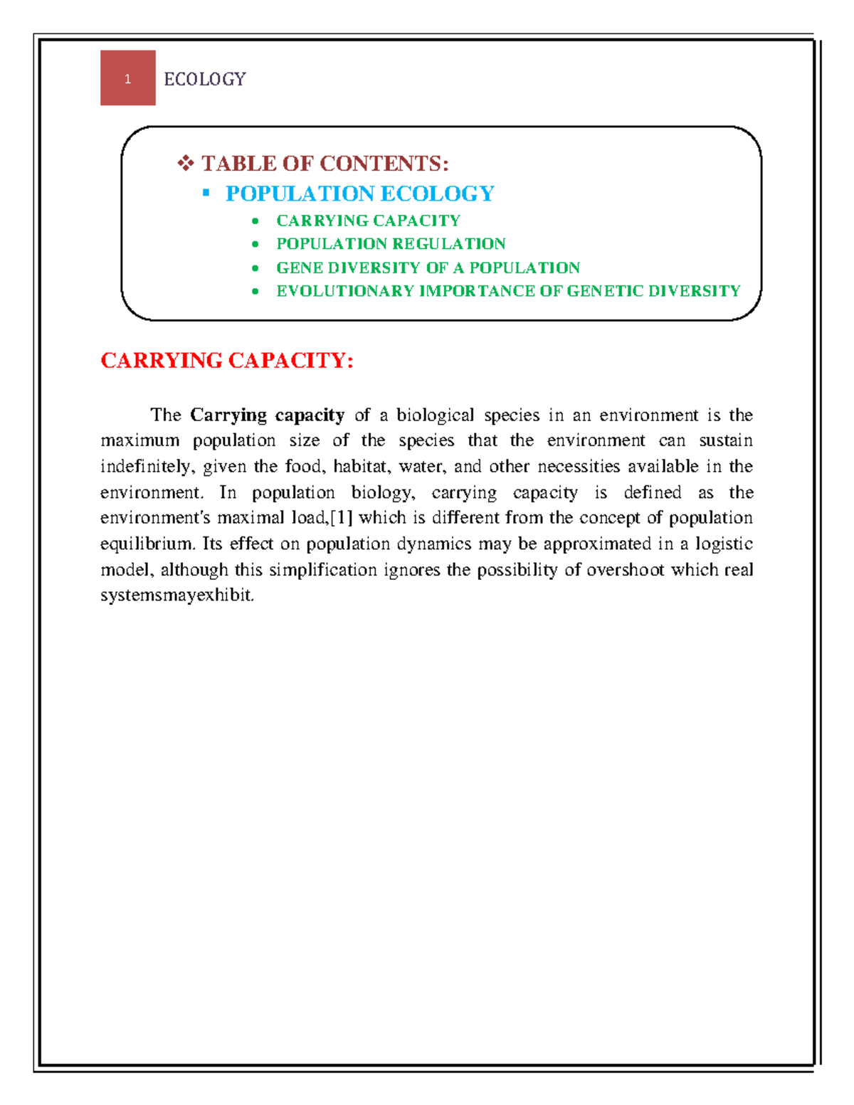 Population Ecology Carrying capacity - TABLE OF CONTENTS: POPULATION ...