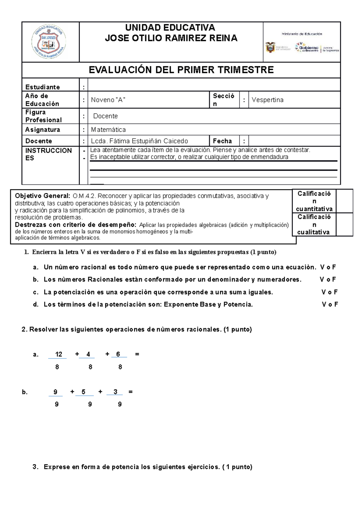 Examen Segundo Trimestre Noveno - UNIDAD EDUCATIVA JOSE OTILIO RAMIREZ ...