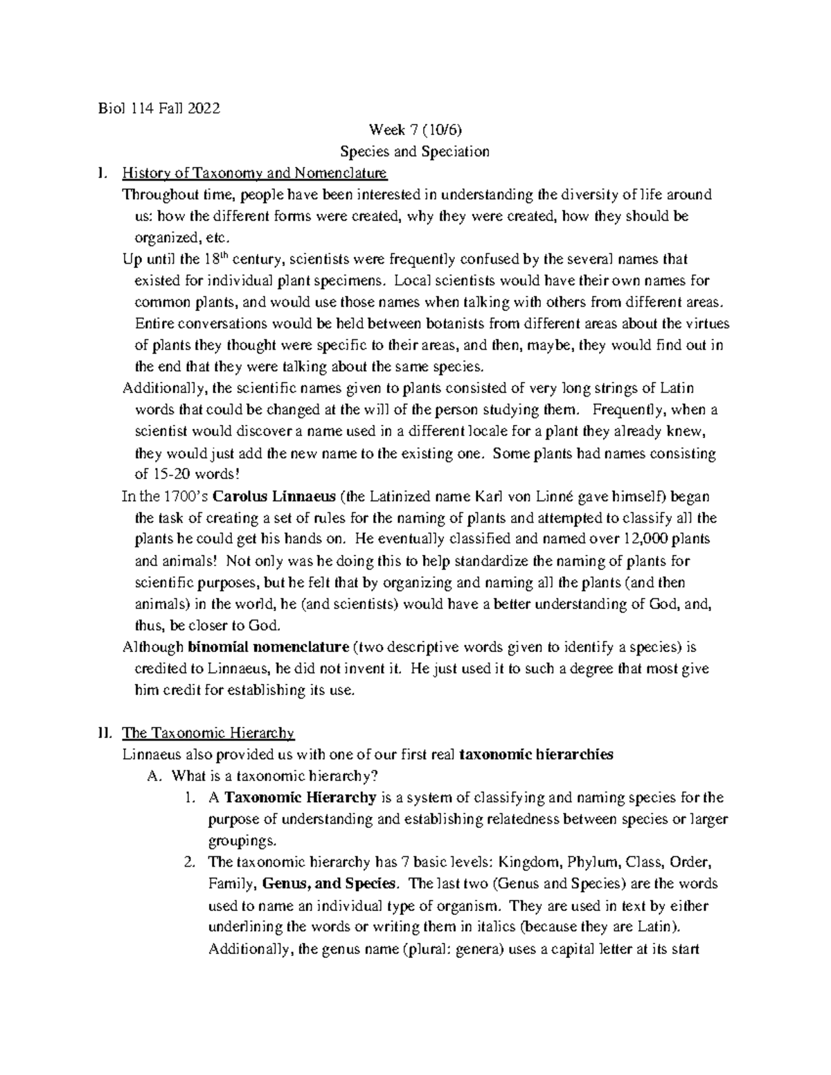 Lecture week 7 (10-6) - Notes Species and speciation - Biol 114 Fall ...