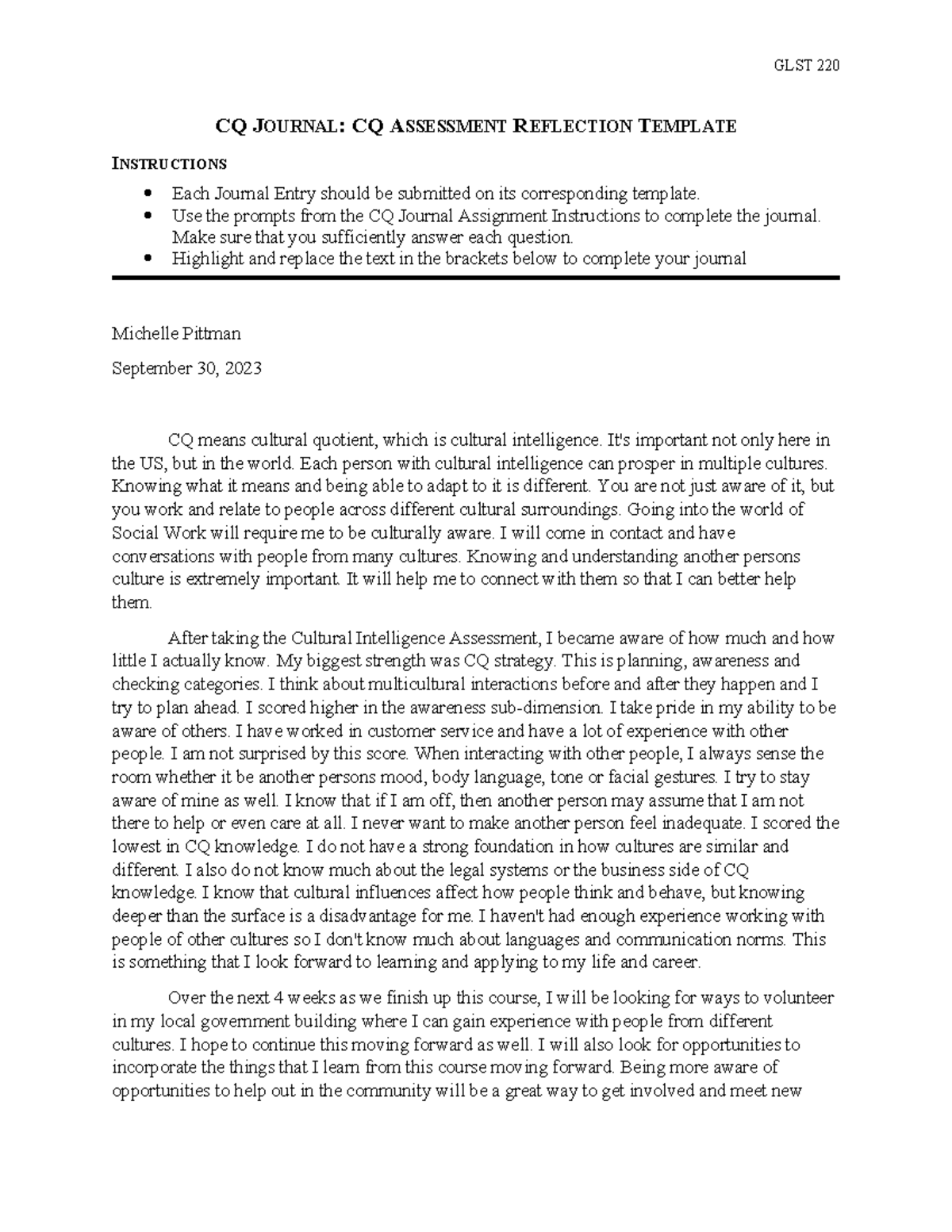 CQ Journal CQ Assessment Reflection Template - GLST 220 CQ JOURNAL: CQ ASSESSMENT REFLECTION ...
