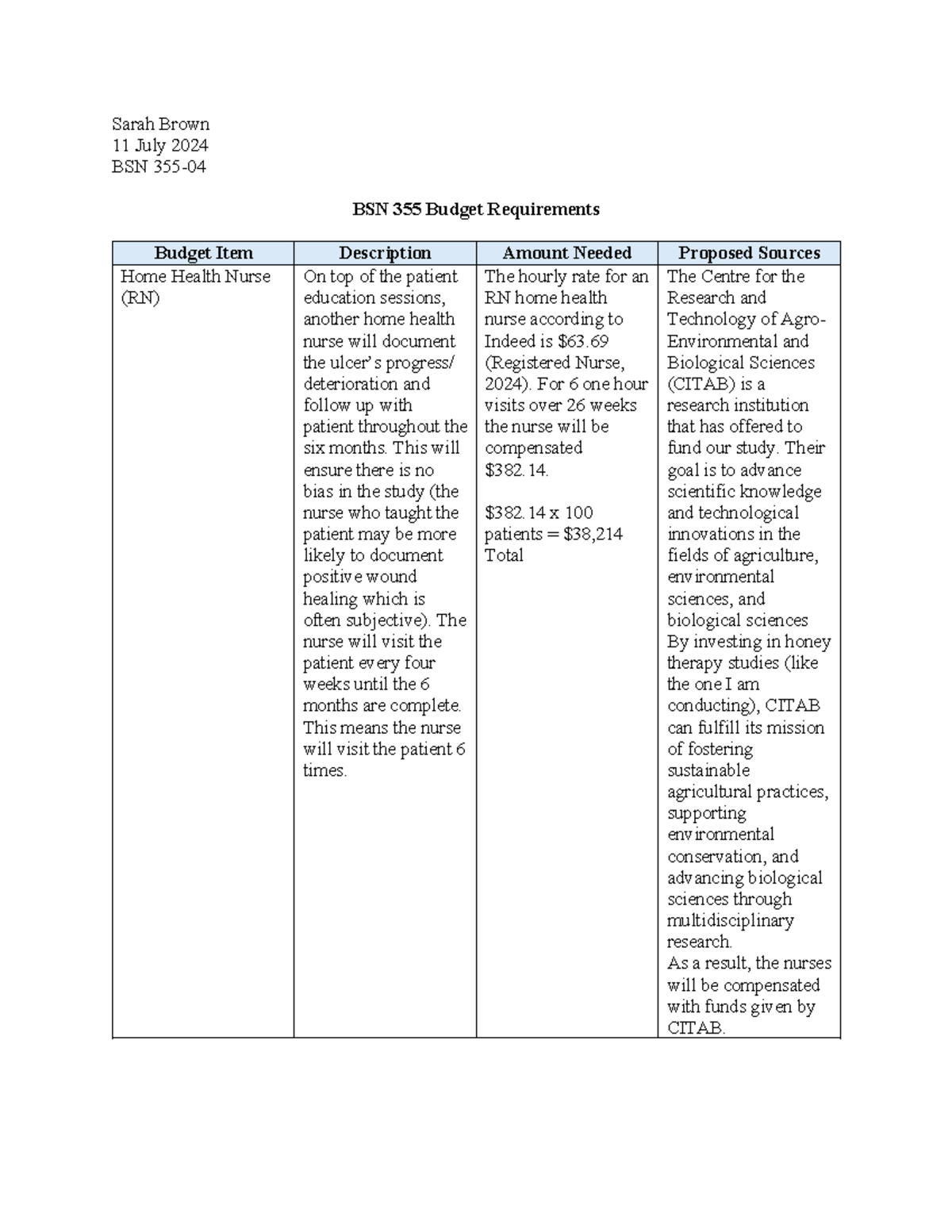 Budget - capstone - Sarah Brown 11 July 2024 BSN 355- BSN 355 Budget ...