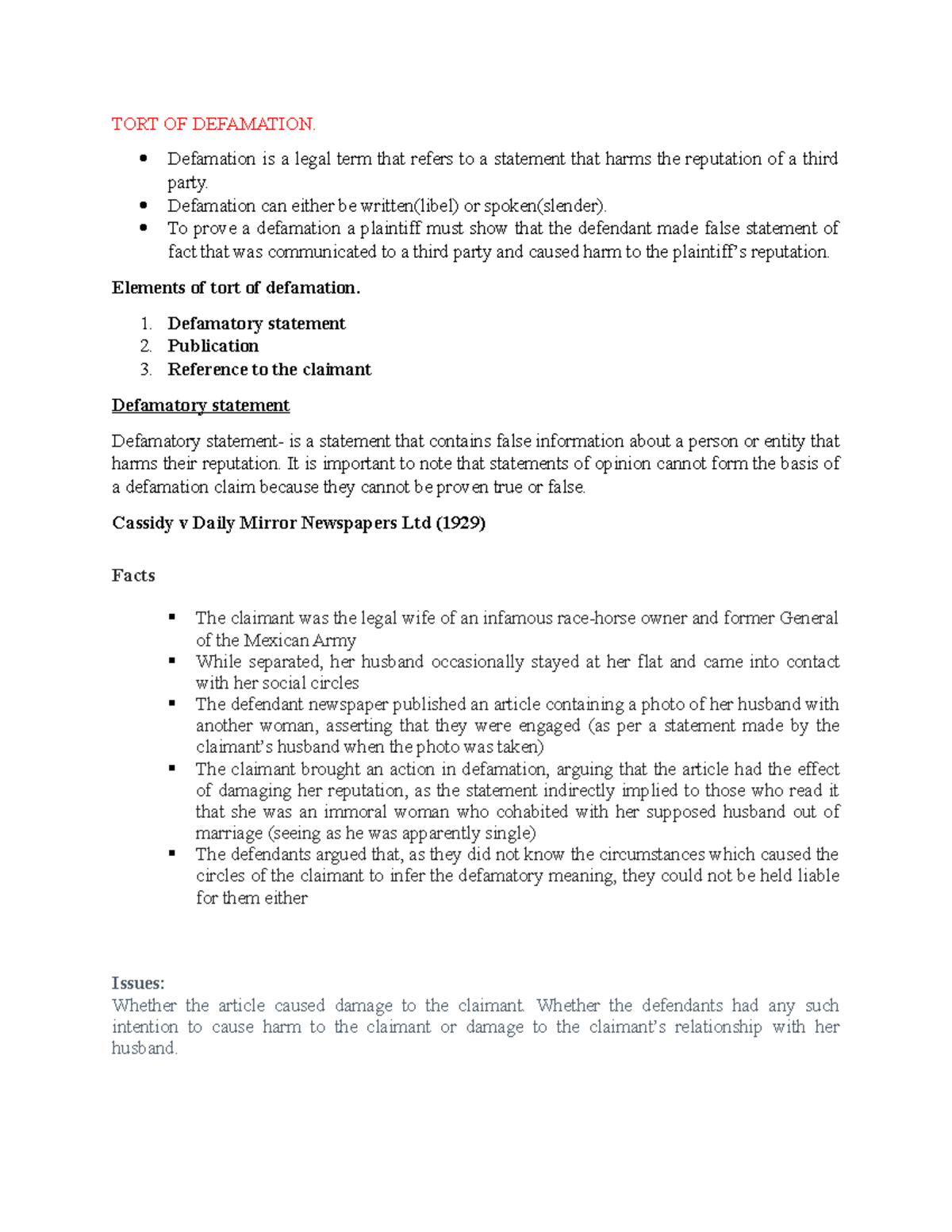 Torts - TORT OF DEFAMATION. Defamation is a legal term that refers to a ...