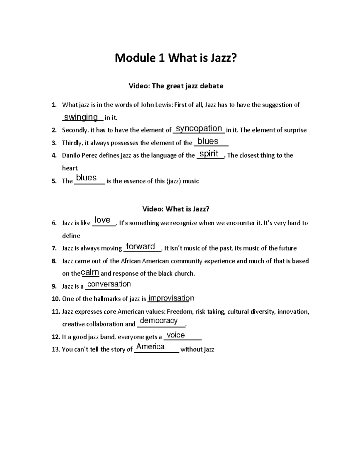 Module 1 What is Jazz questions - Module 1 What is Jazz? Video: The ...