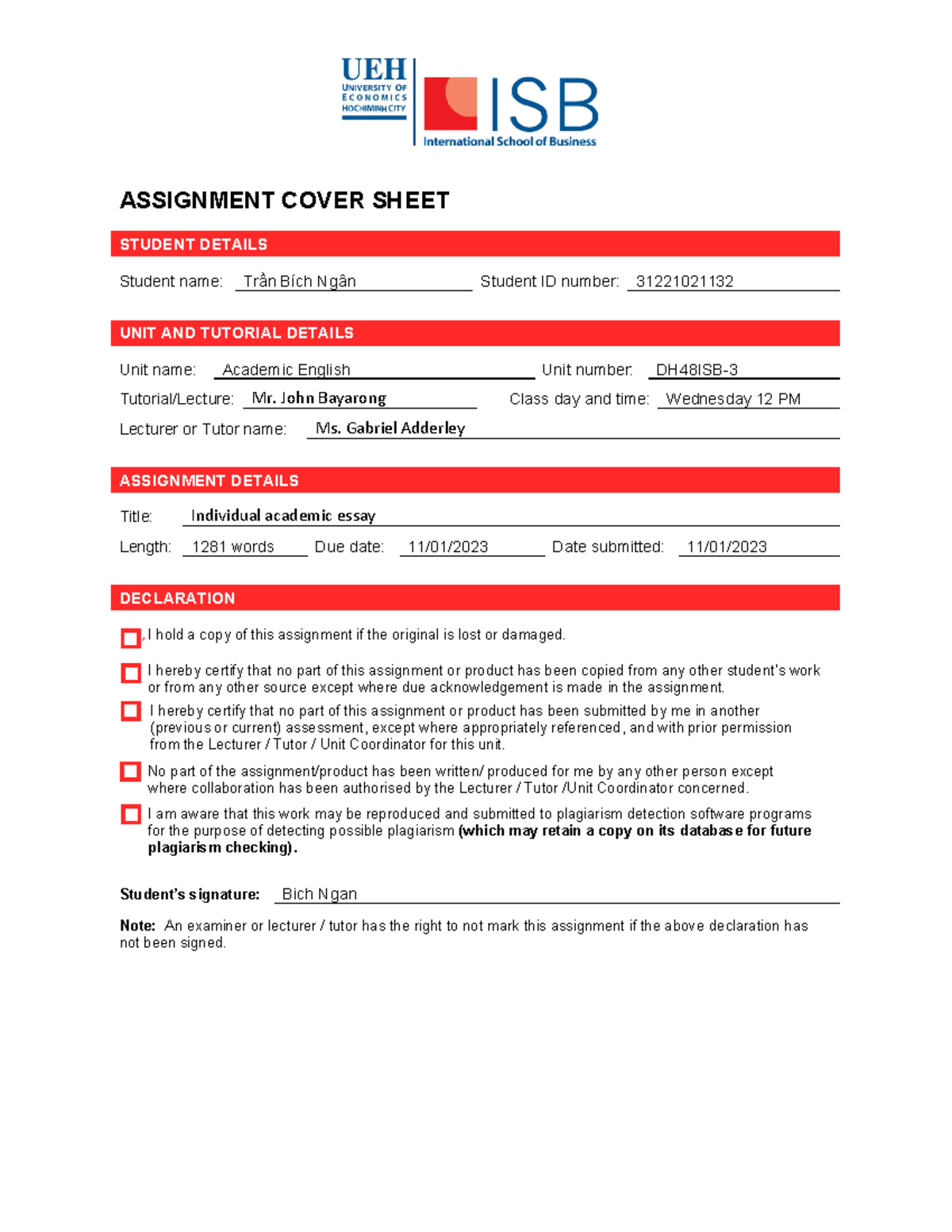 TRAN BICH NGAN 31221021132 Final Individual Essay - ASSIGNMENT COVER ...