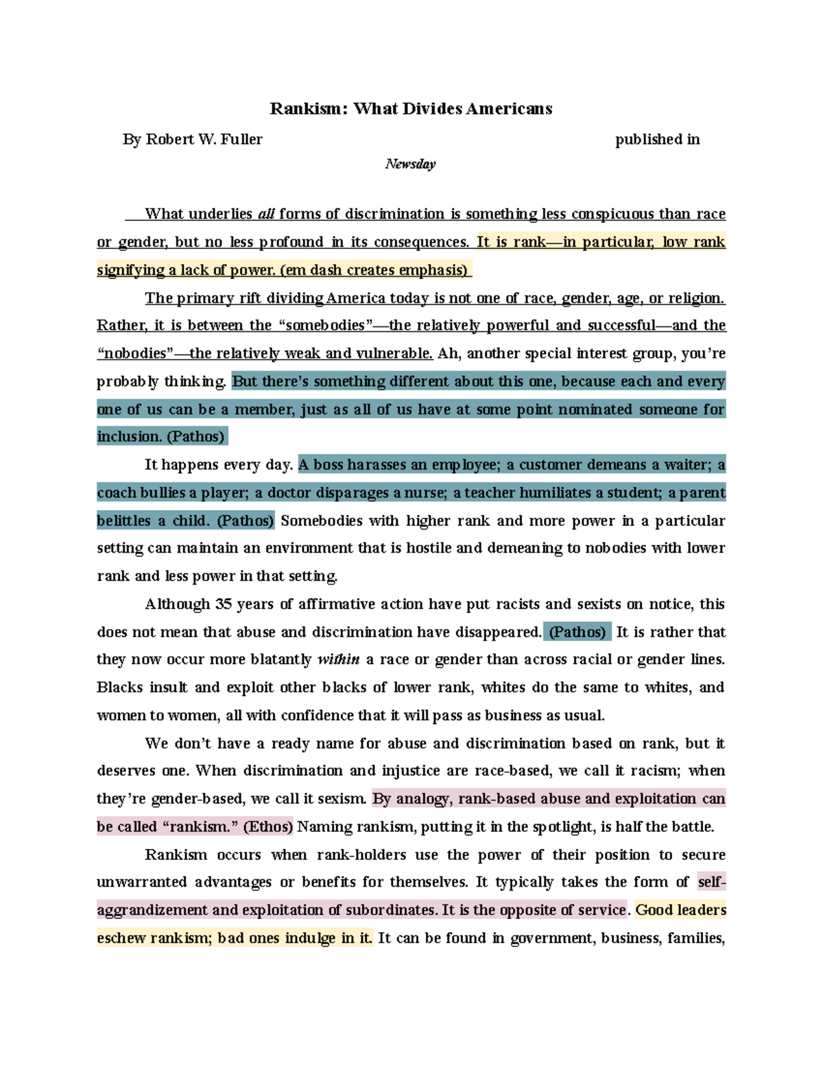 Rankism Assignment - Rankism: What Divides Americans By Robert W ...