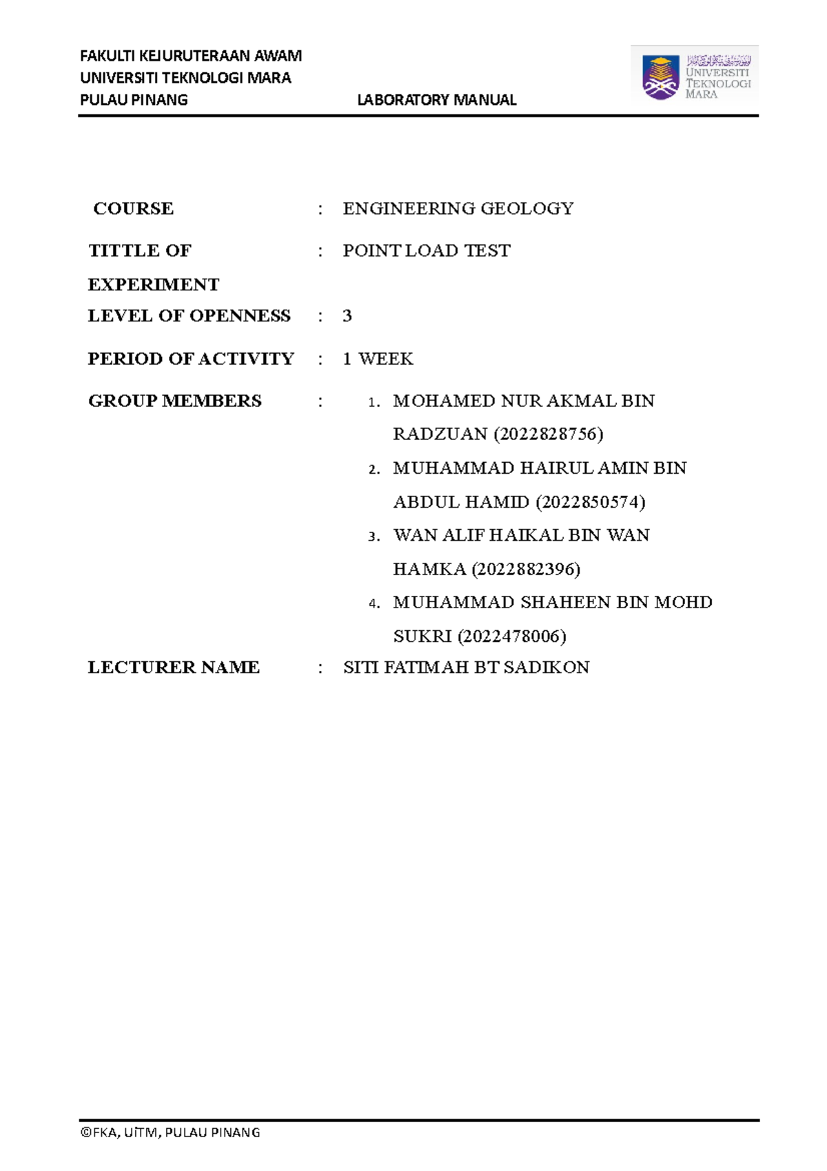 Point LOAD TEST LAB Report - UNIVERSITI TEKNOLOGI MARA PULAU PINANG ...