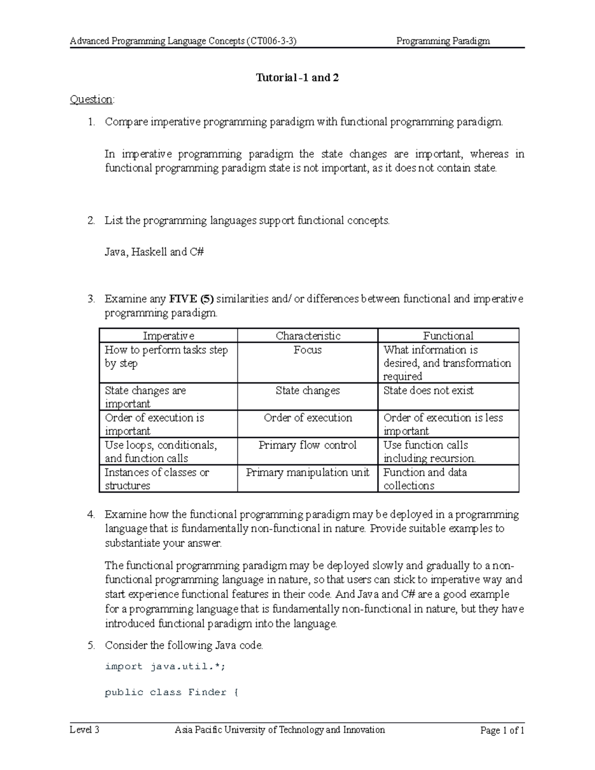 Tutorial 1 2 Advanced Programming Language Concepts Ct006 3 3 Programming Paradigm Tutorial 1092