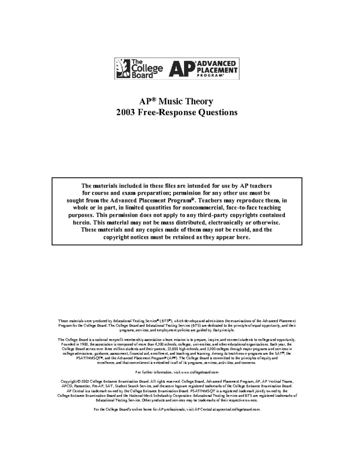 FRQs from APMT exam - AP® Music Theory 2003 Free-Response Questions ...