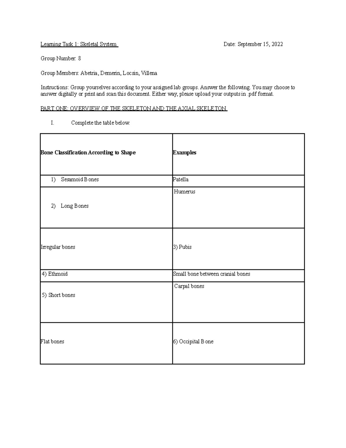 Learning Task 1 Skeletal System - Learning Task 1: Skeletal System Date ...
