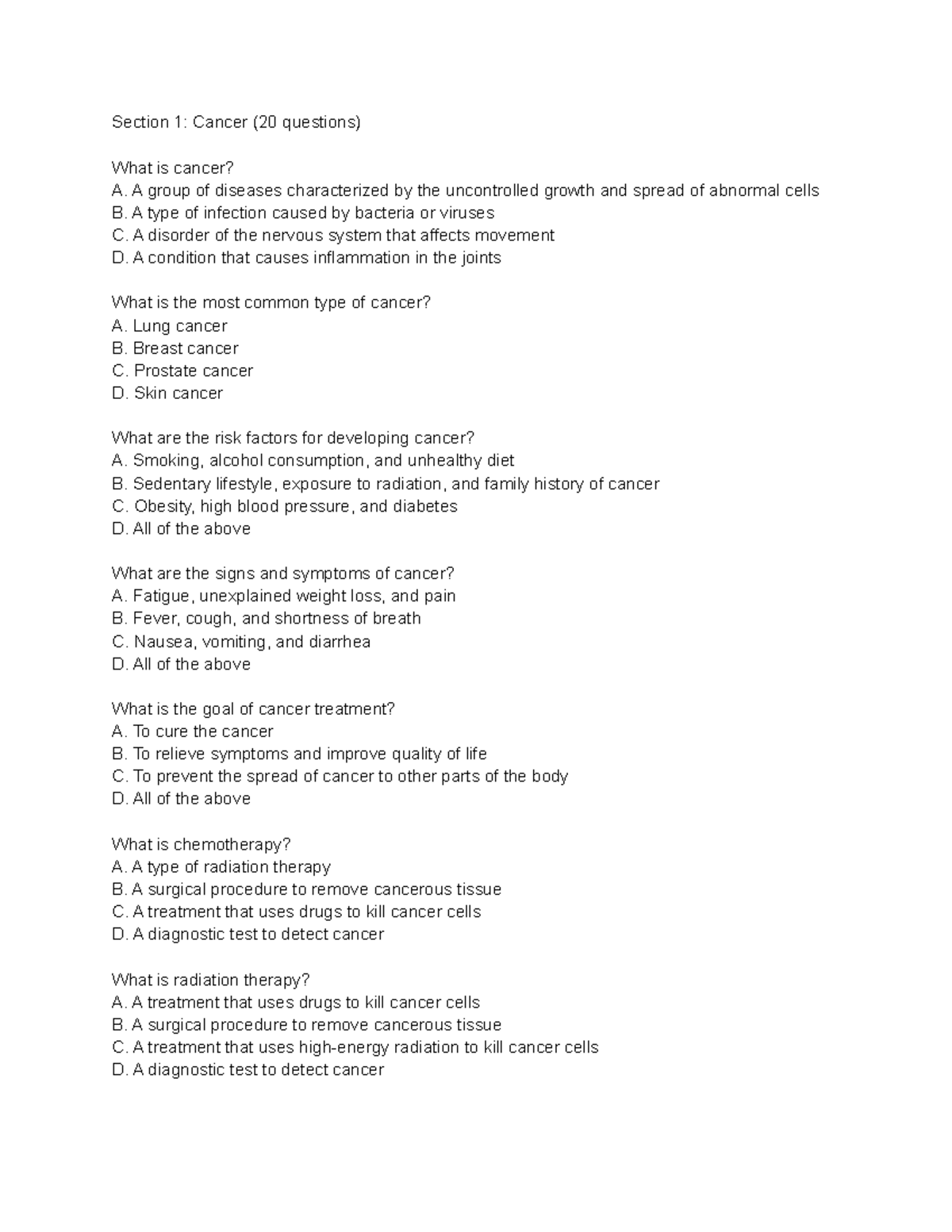 Nursing Practice test - Section 1: Cancer (20 questions) What is cancer ...