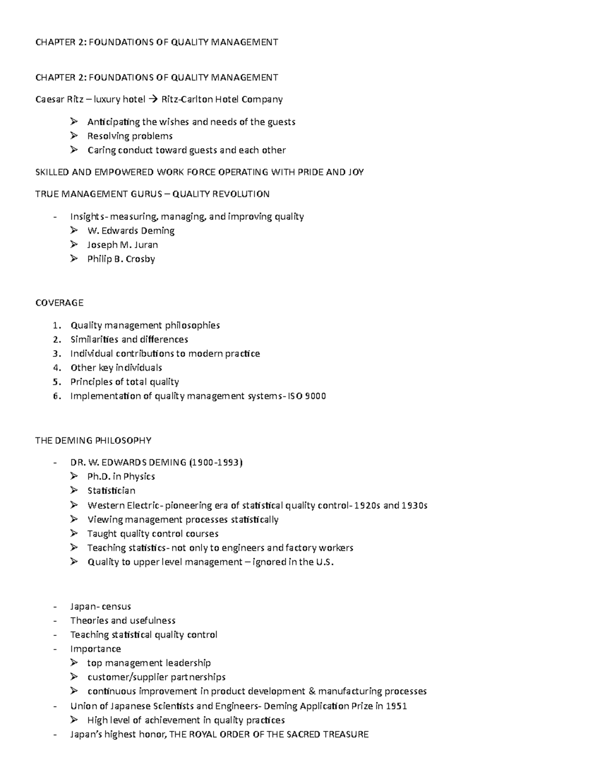 Chapter 2 Foundations of Quality Management - CHAPTER 2: FOUNDATIONS OF QUALITY MANAGEMENT ...