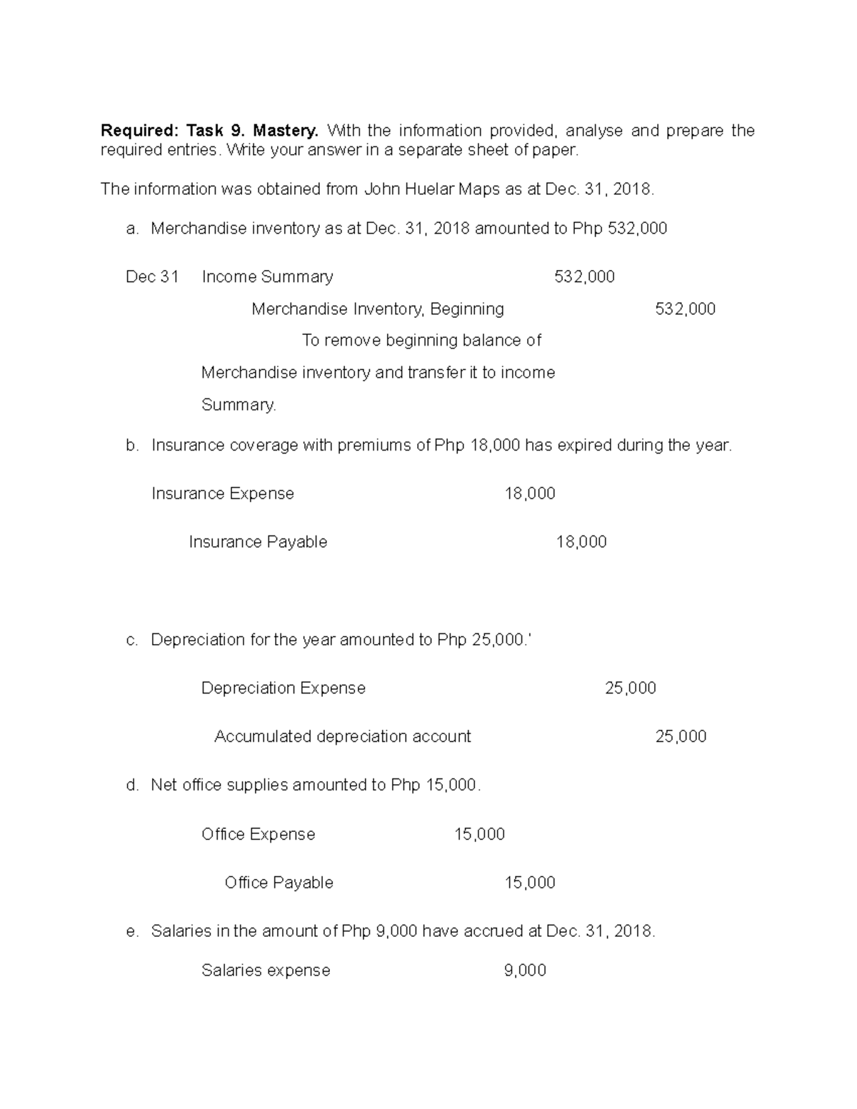 FUNDAMENTALS OF ACCOUNTING SHORT SAMPLE PROBLEMS - Required: Task 9 ...
