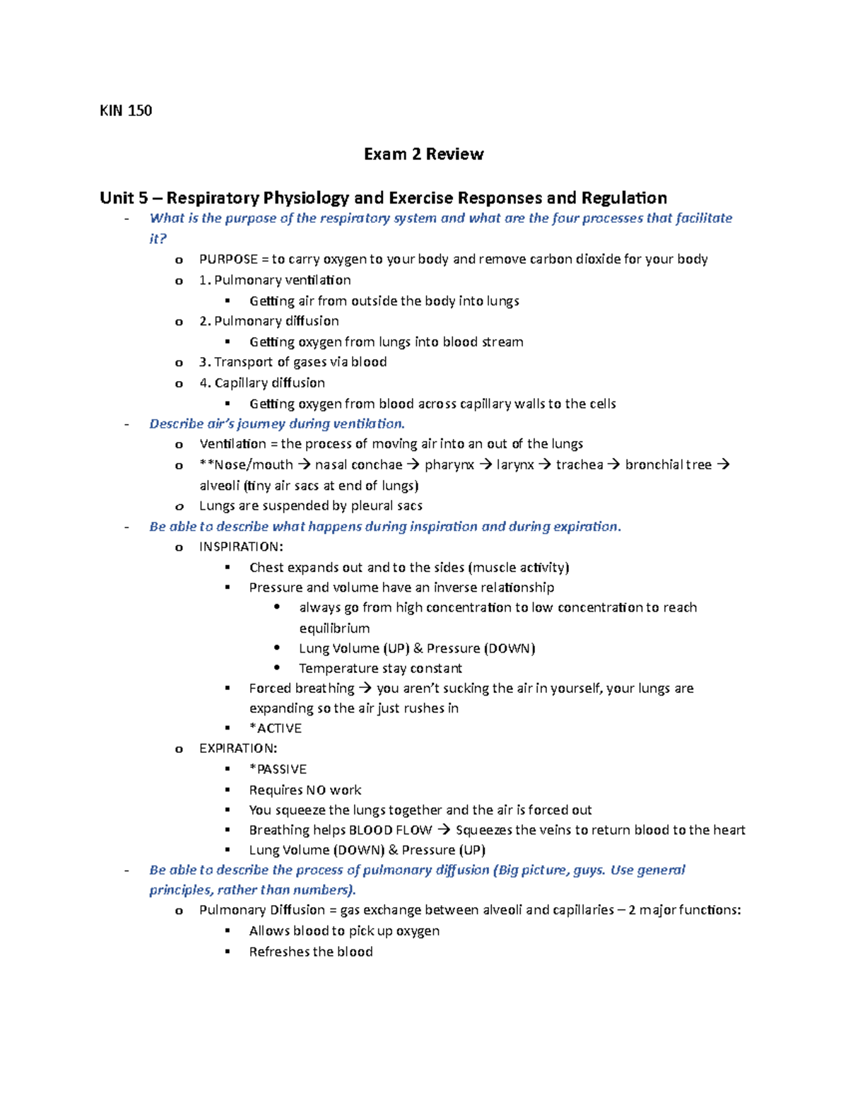 KIN 150 Exam 2 Review Unit 5 - KIN 150 Exam 2 Review Unit 5 Respiratory ...