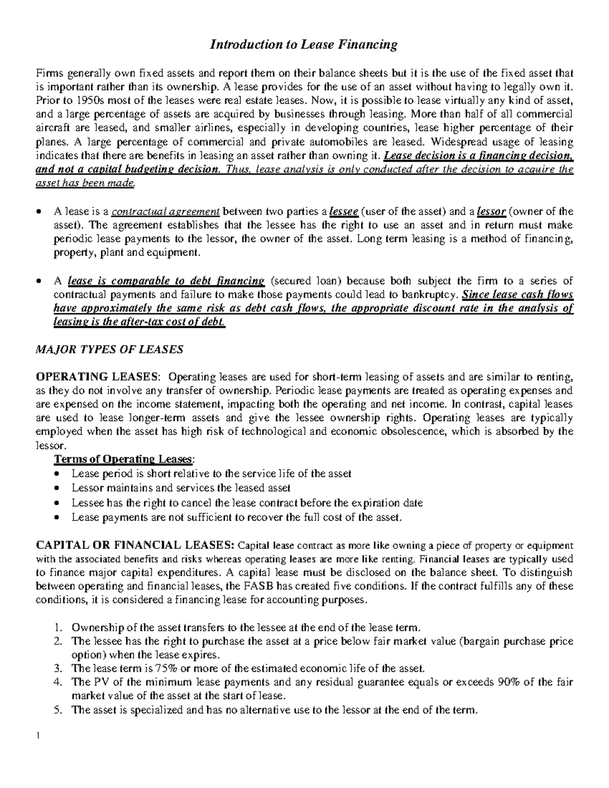 Introduction to Lease Financing Note - Introduction to Lease Financing ...