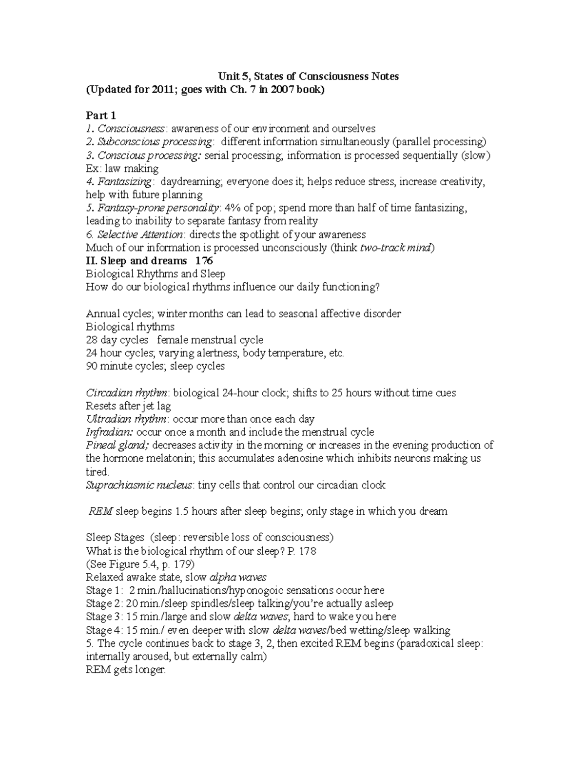 Ch 7 Notes - Chapter 7 - Unit 5, States of Consciousness Notes (Updated ...