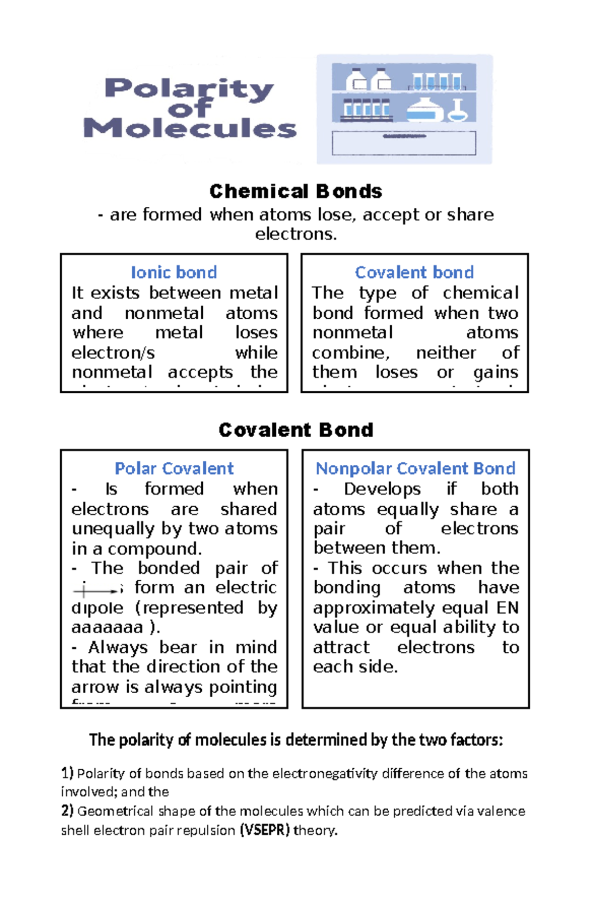 Physical Science ( Polarity OF Molecules) - Chemical Bonds - are formed ...