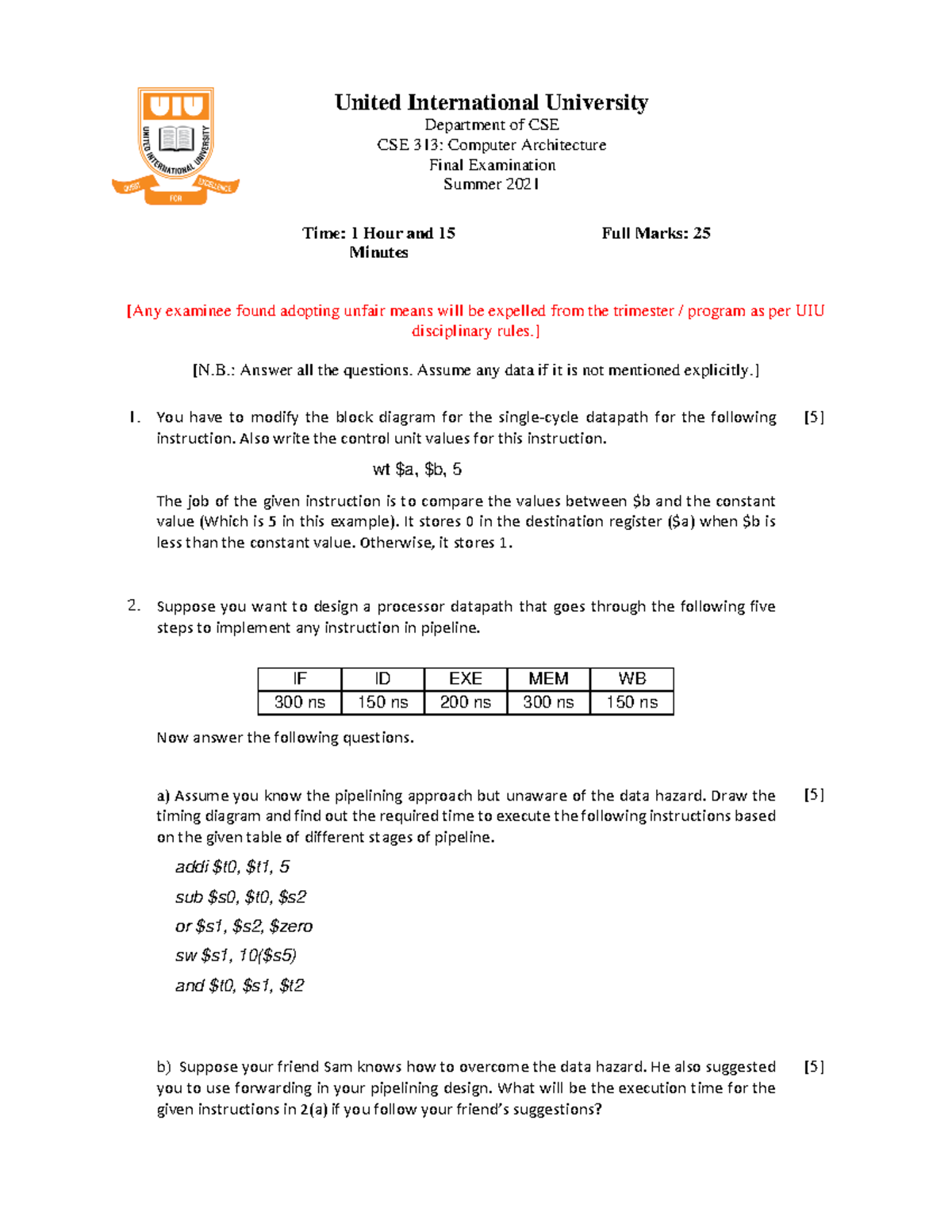 CSE 313 Computer Architecture Final Question - Summer 2021 - United ...