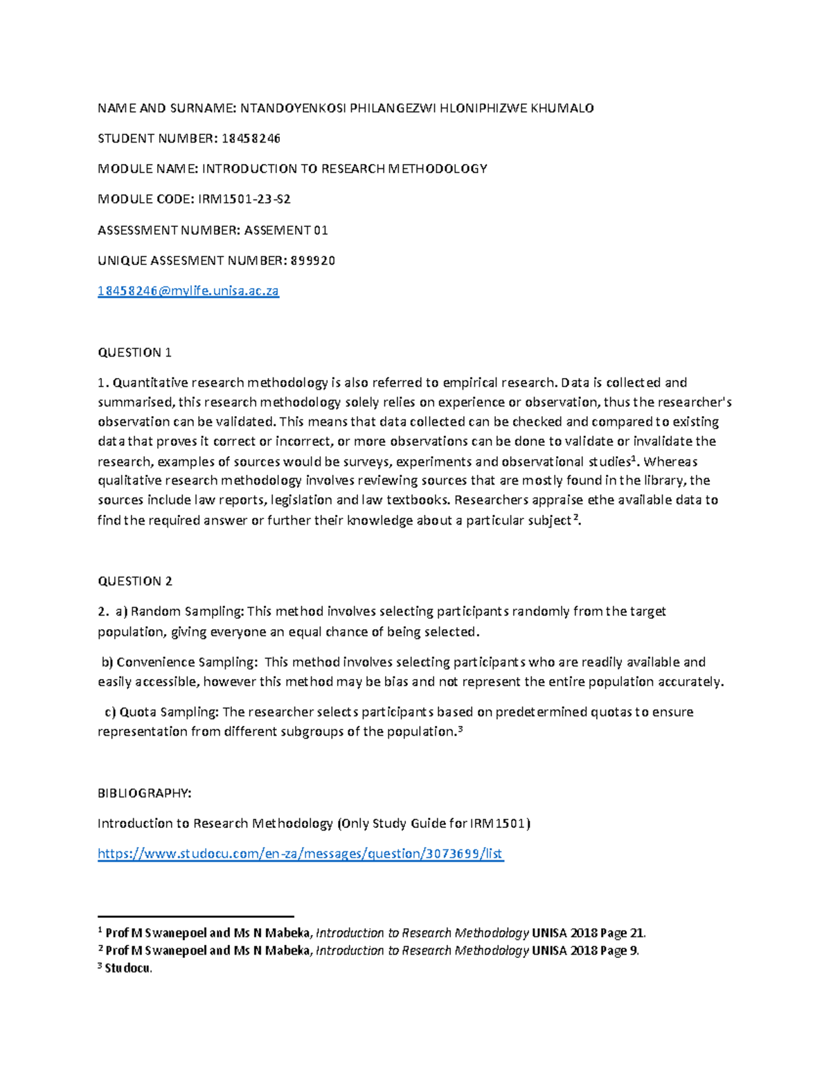 Irm assignment 1 - NAME AND SURNAME: NTANDOYENKOSI PHILANGEZWI HLONIPHIZWE KHUMALO STUDENT ...