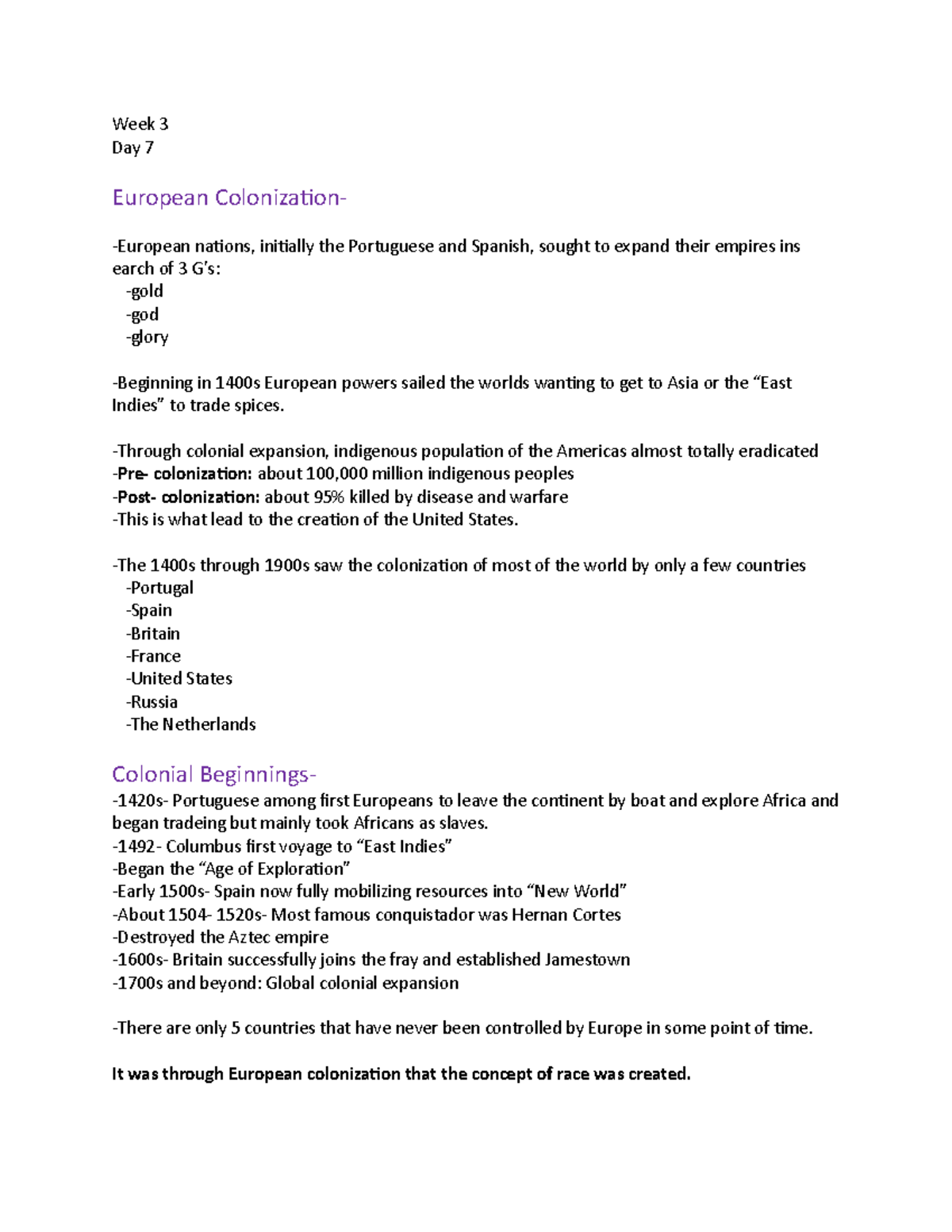 Day 7 lecture notes - Week 3 Day 7 European Colonization-European ...