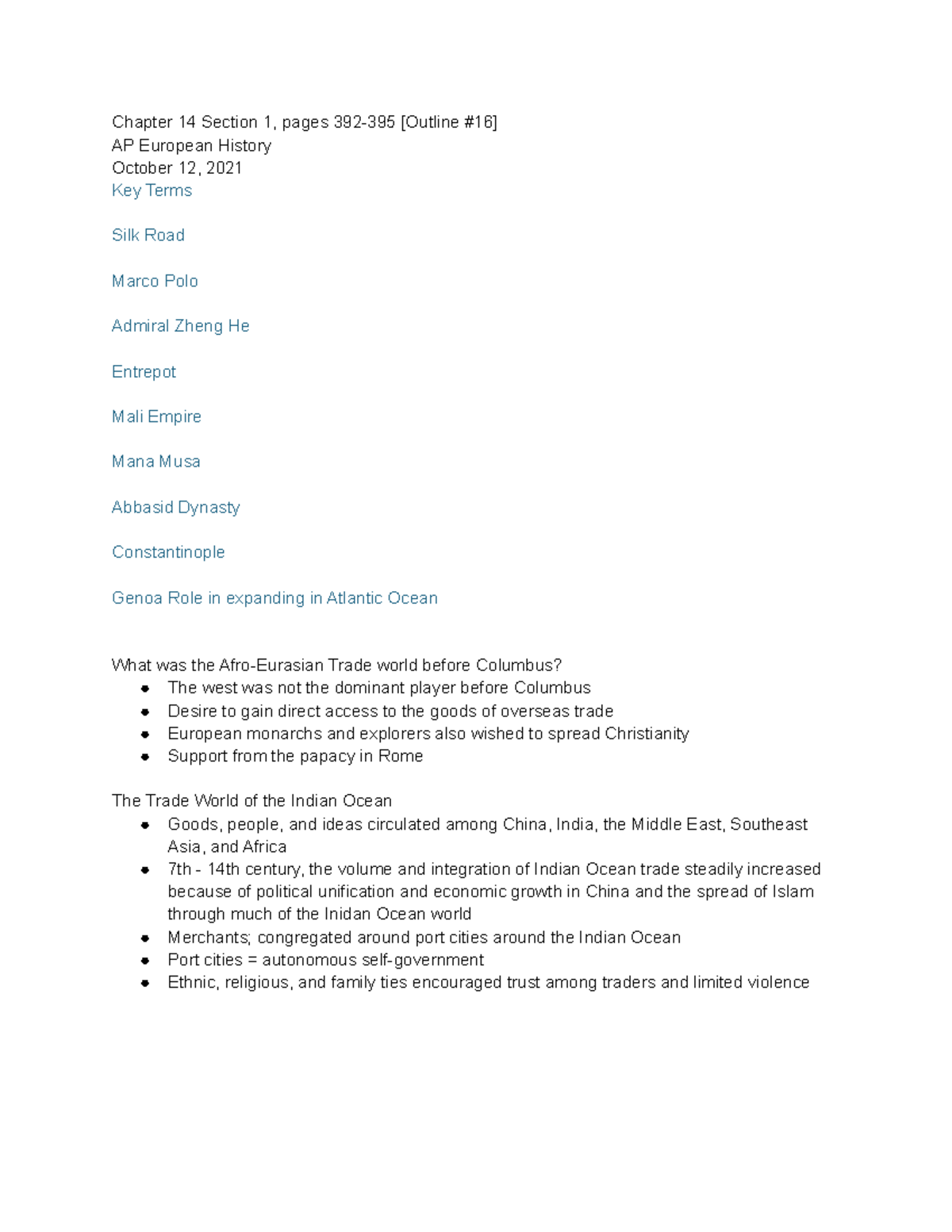 Chapter 14 Section 1, pages 392-395 [Outline #16] AP European History ...