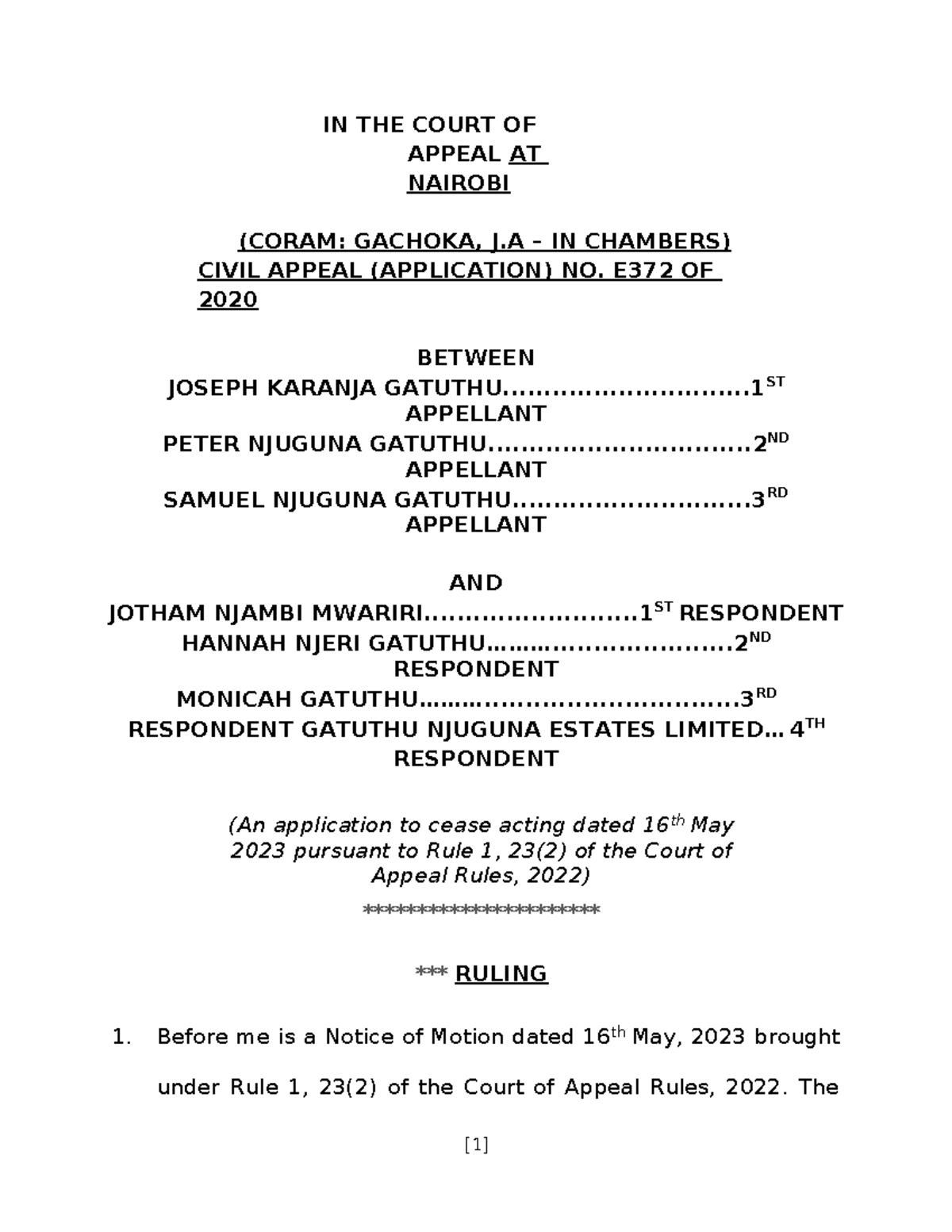 Gatuthu & 2 others v Mwariri & 3 others (Civil Appeal (Application ...