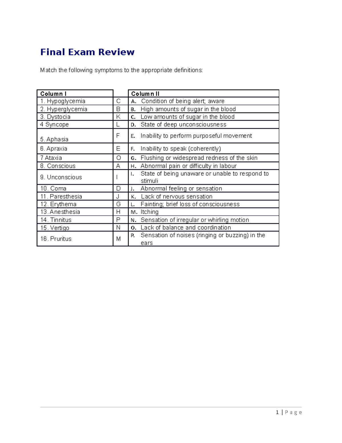 Final Exam Review - health - Final Exam Review Match the following ...