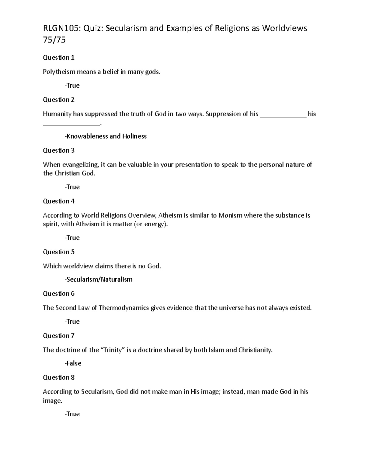 RLGN105- Quiz- Secularism and Examples of Religions as Woldviews - 75 ...