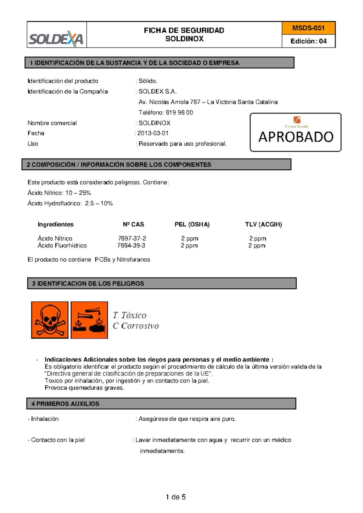 Soldinox - msds - FICHA DE SEGURIDAD SOLDINOX Edición: 04 ...