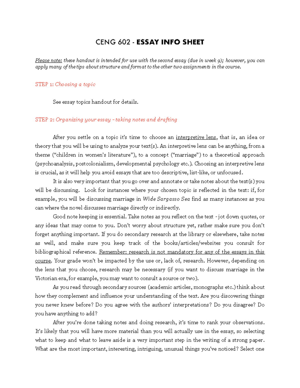 CENG 602 essay guidelines - CENG 602 - ESSAY INFO SHEET Please note ...