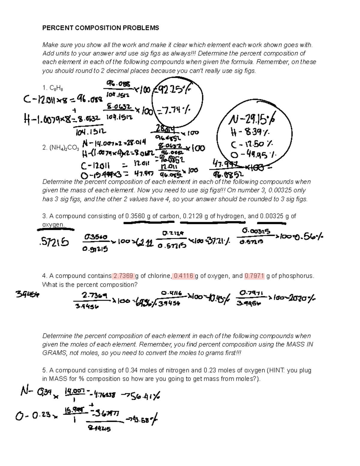 Percent Comp HW Problems - PERCENT COMPOSITION PROBLEMS Make sure you ...