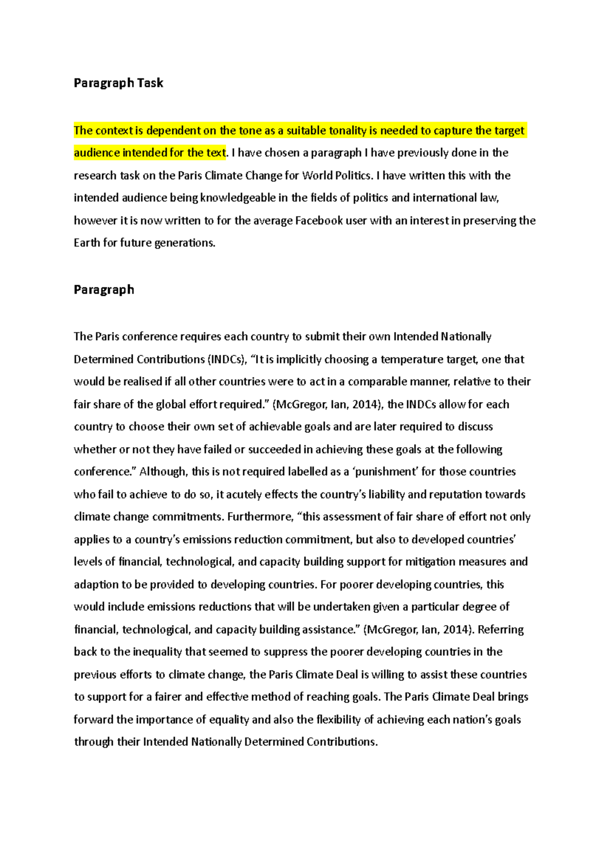 Paragraph Task Sample 2 - Paragraph Task The context is dependent on ...