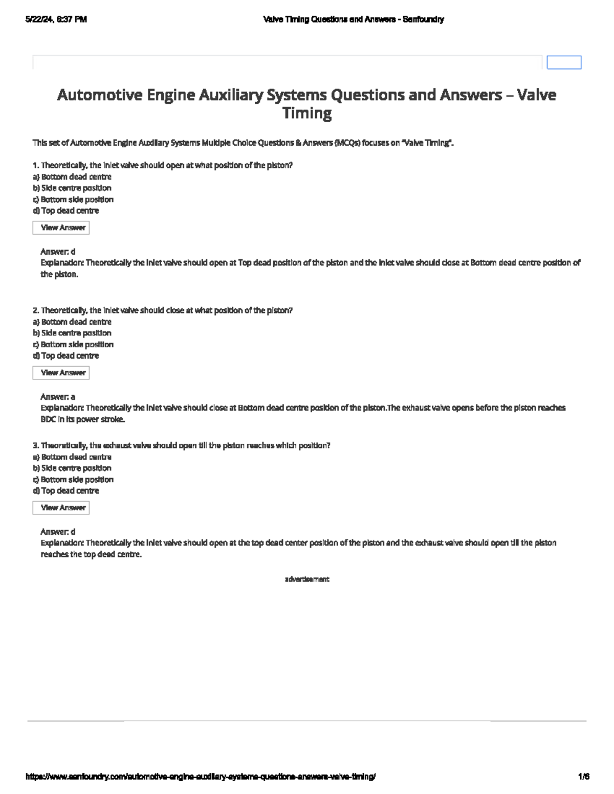 Valve Timing Questions and Answers - Sanfoundry - Heat transfer - Studocu