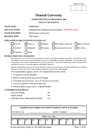 Practice exam 1 - Office Use Only Monash University SEMESTER ONE ...