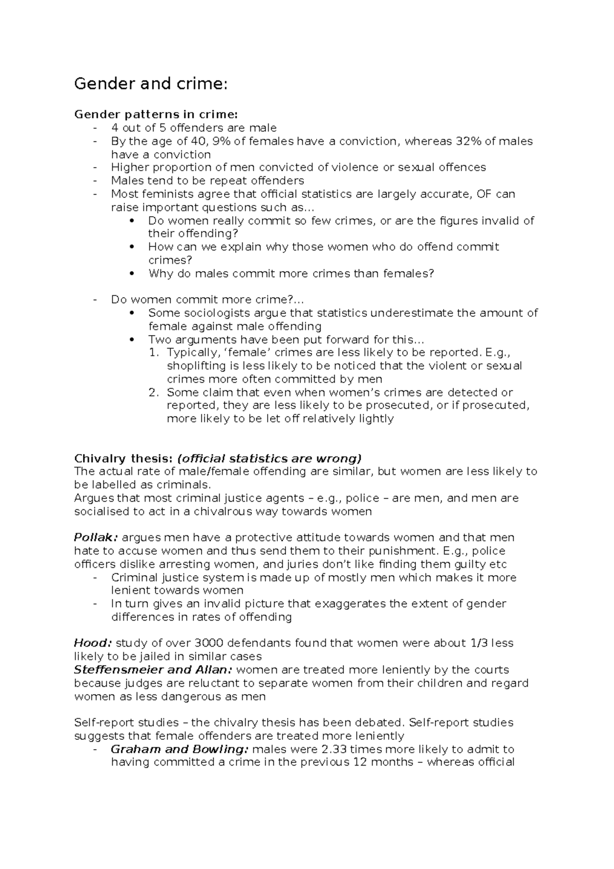 Gender and crime - notes - Gender and crime: Gender patterns in crime ...
